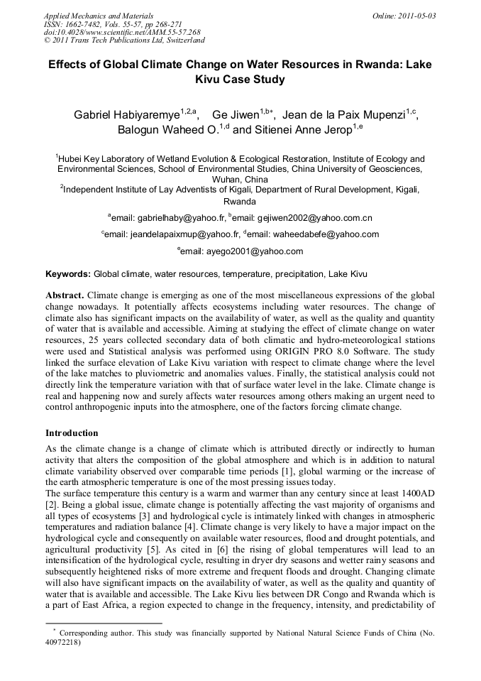 Effects of Global Climate Change on Water Resources in Rwanda: Lake ...