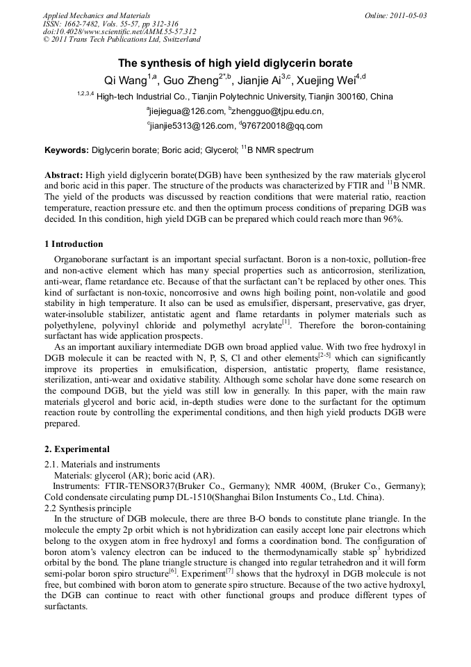The Synthesis of High Yield Diglycerin Borate | Scientific.Net