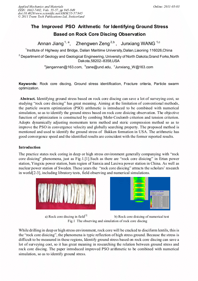 The Improved PSO Arithmetic for Identifying Ground Stress Based on Rock ...