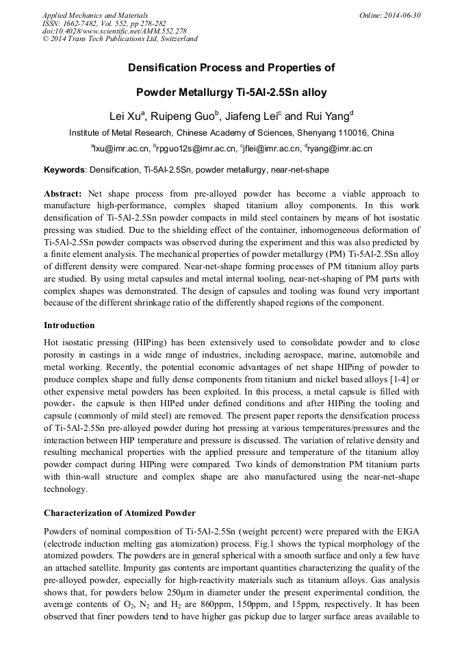 Densification Process and Properties of Powder Metallurgy Ti-5Al-2.5Sn ...