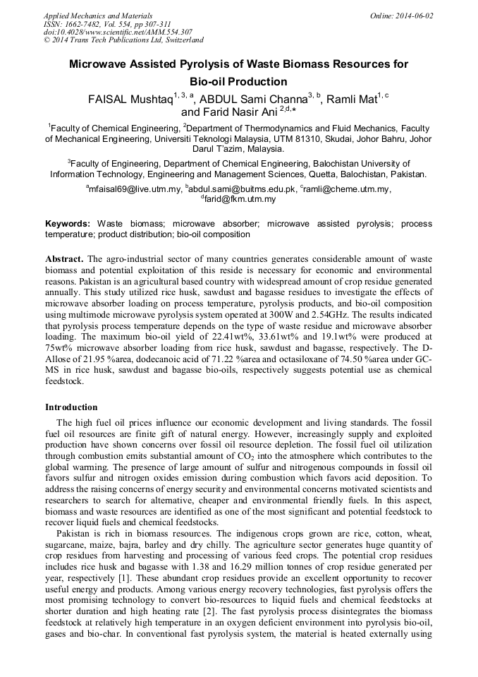 Microwave Assisted Pyrolysis of Waste Biomass Resources for Bio-Oil ...