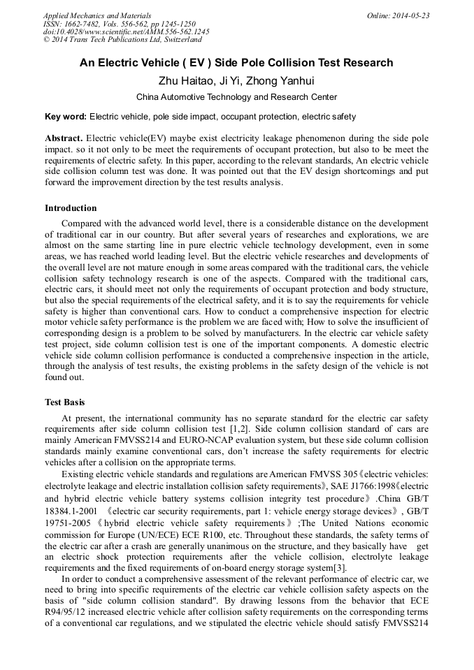 An Electric Vehicle (EV) Side Pole Collision Test Research | Scientific.Net