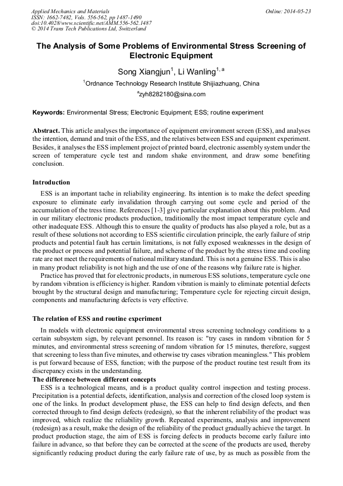 The Analysis of Some Problems of Environmental Stress Screening of ...