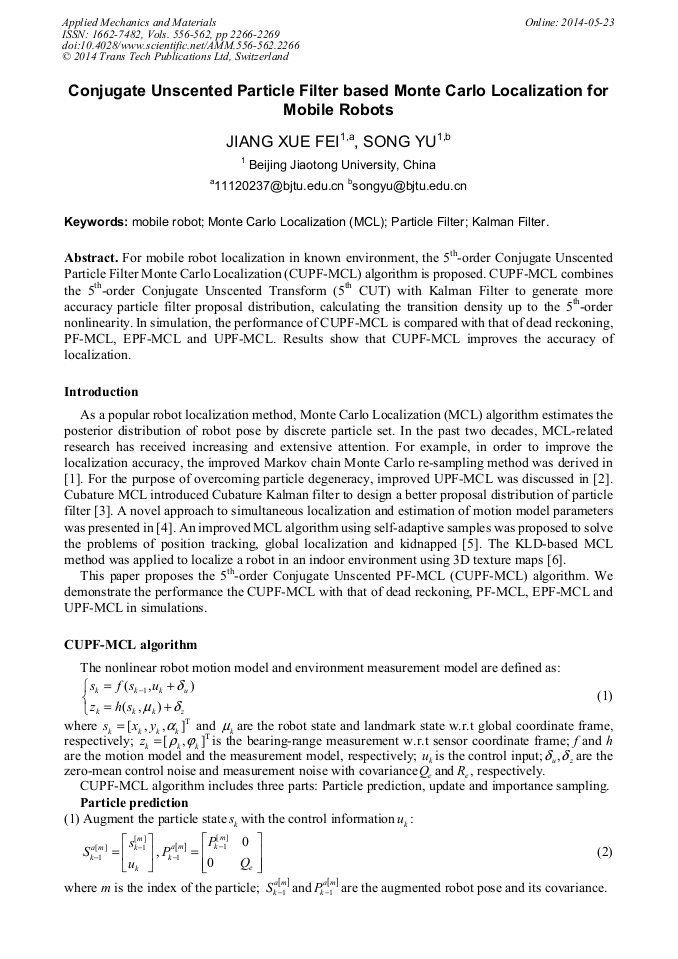 Conjugate Unscented Particle Filter Based Monte Carlo Localization for ...