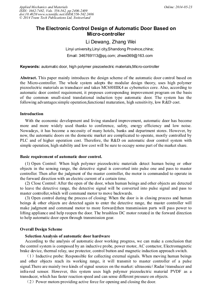 The Electronic Control Design of Automatic Door Based on Micro ...