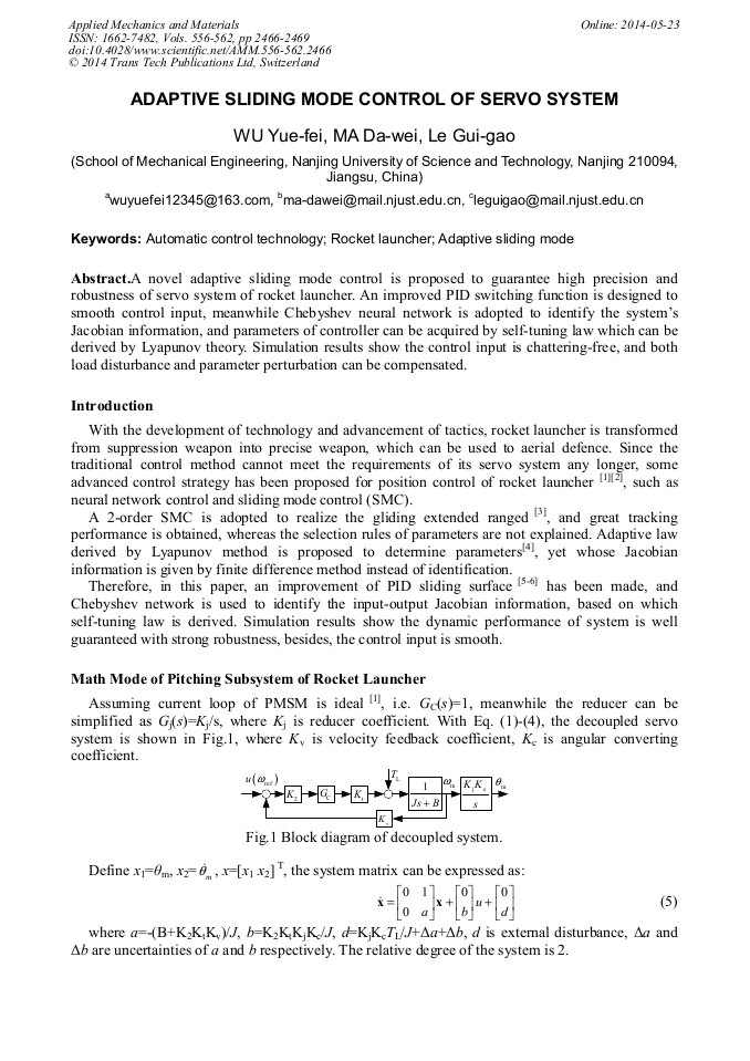 Adaptive Sliding Mode Control of Servo System | Scientific.Net