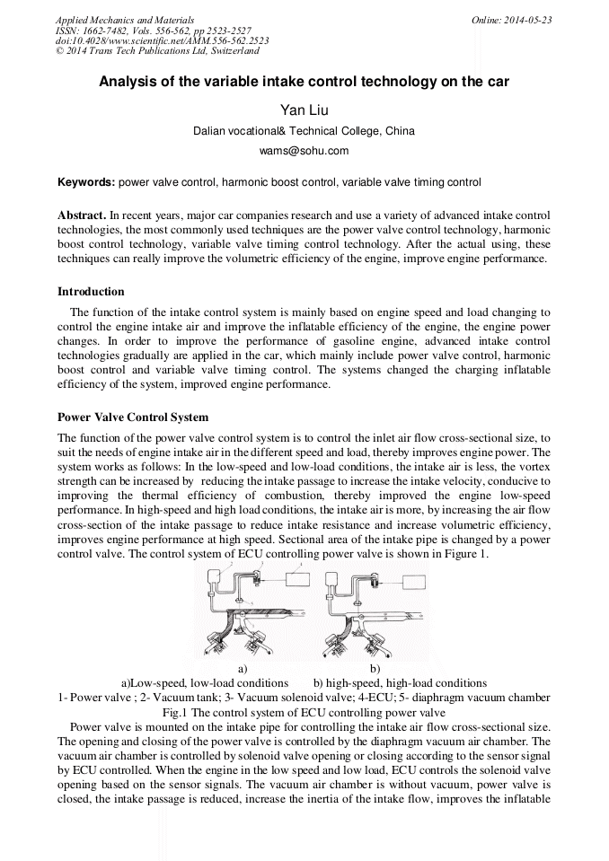 Analysis of the Variable Intake Control Technology on the Car ...
