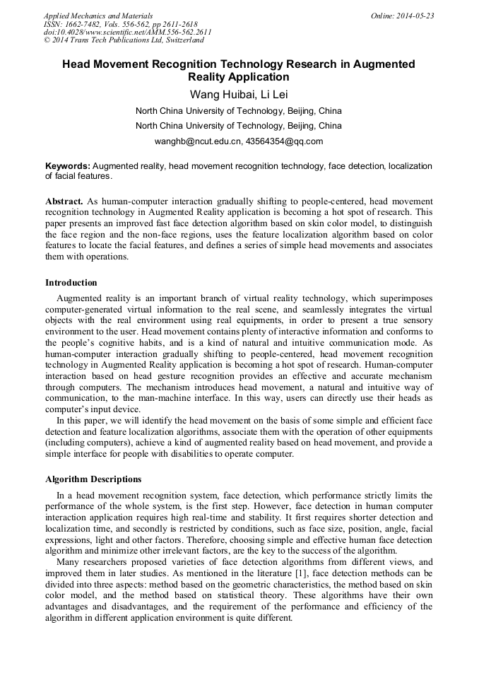 Head Movement Recognition Technology Research in Augmented Reality ...