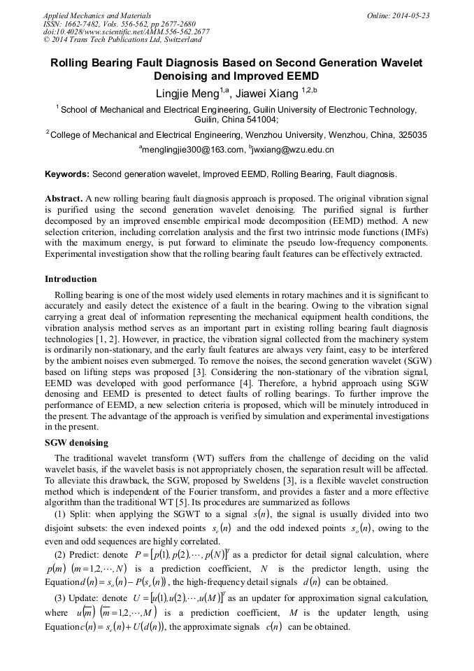 Rolling Bearing Fault Diagnosis Based on Second Generation Wavelet Denoising and Improved EEMD ...