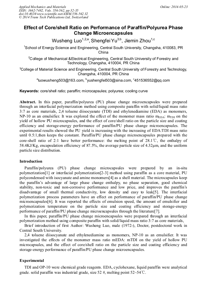 Effect of Core/Shell Ratio on Performance of Paraffin/Polyurea Phase ...
