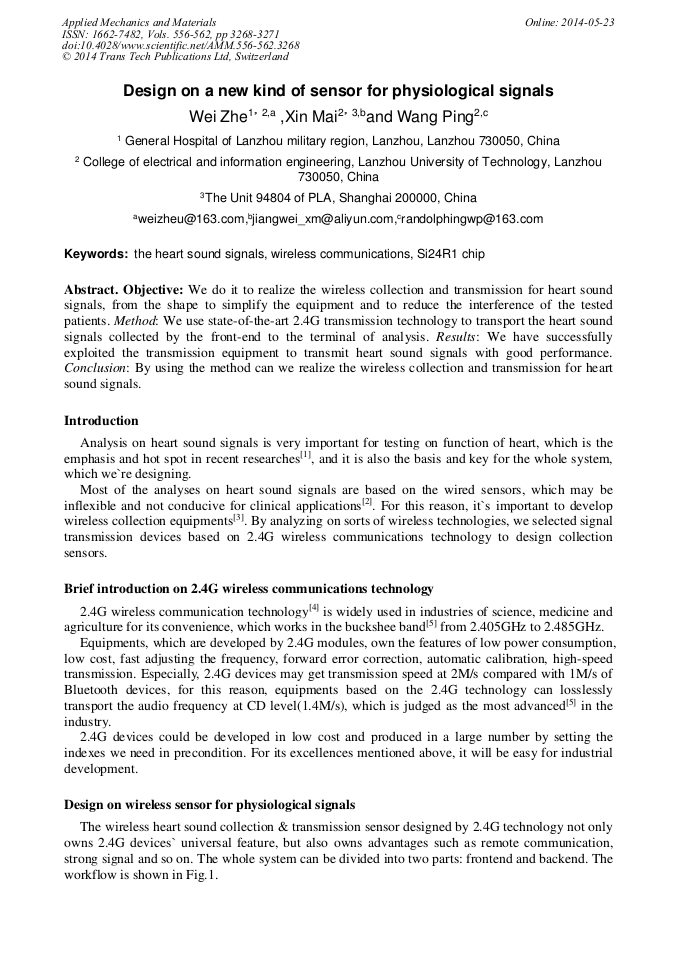Design on a New Kind of Sensor for Physiological Signals | Scientific.Net