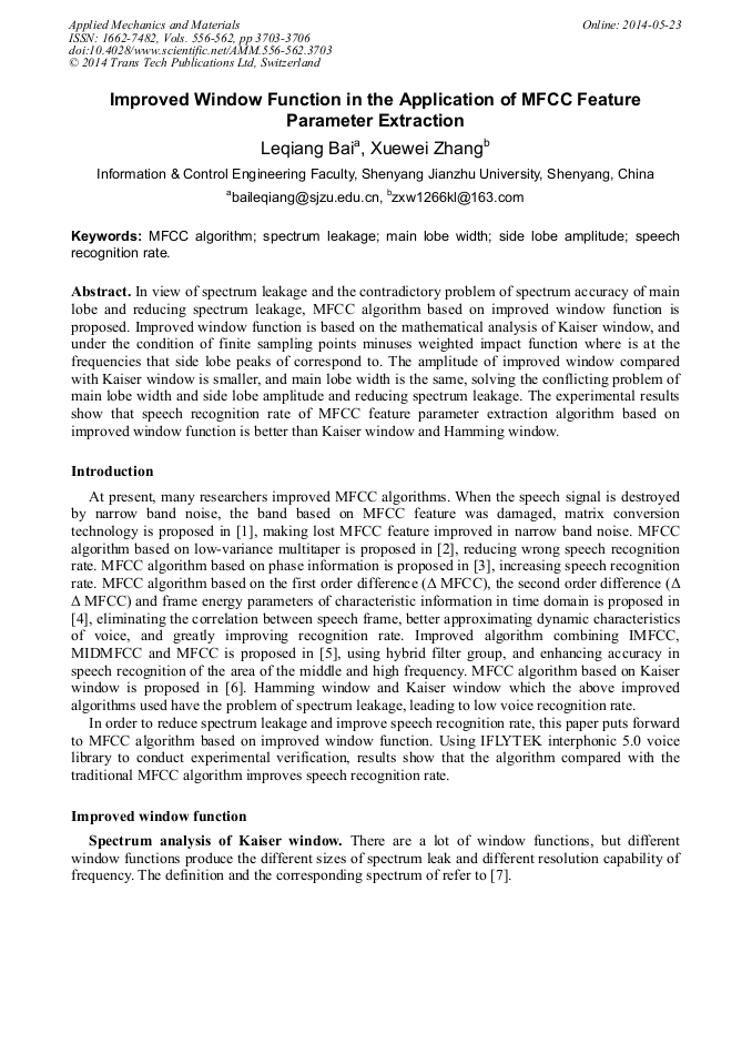 Improved Window Function in the Application of MFCC Feature Parameter ...