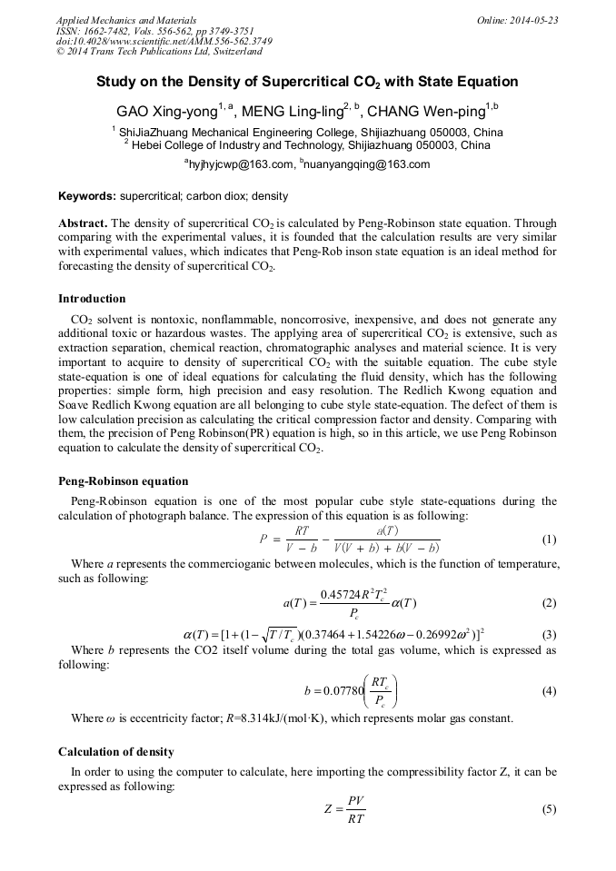 Study on the Density of Supercritical CO2 with State Equation ...