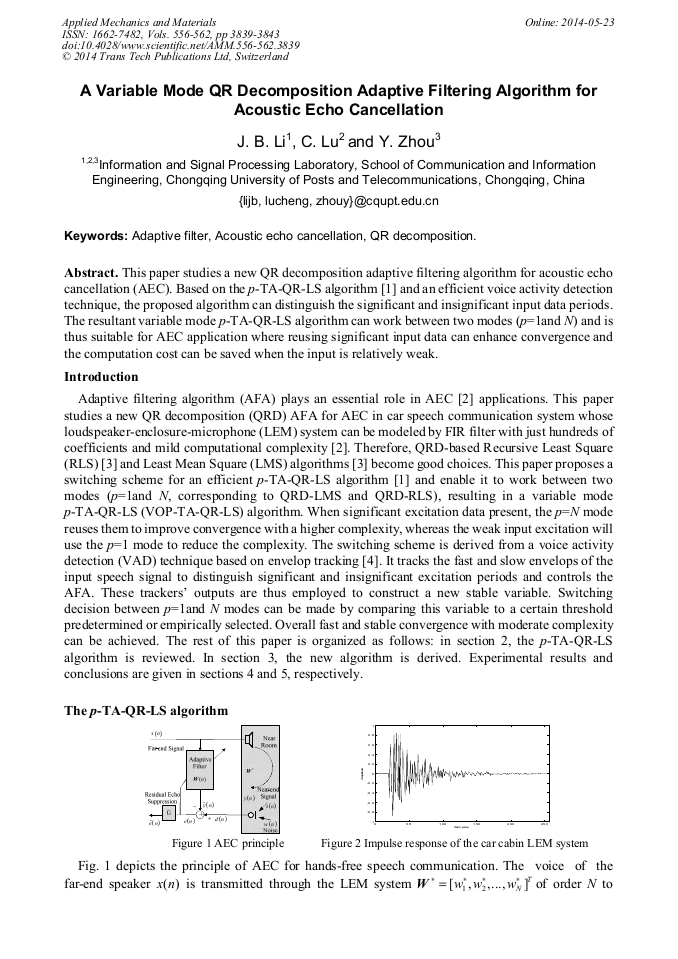 A Variable Mode QR Decomposition Adaptive Filtering Algorithm for Acoustic Echo Cancellation ...