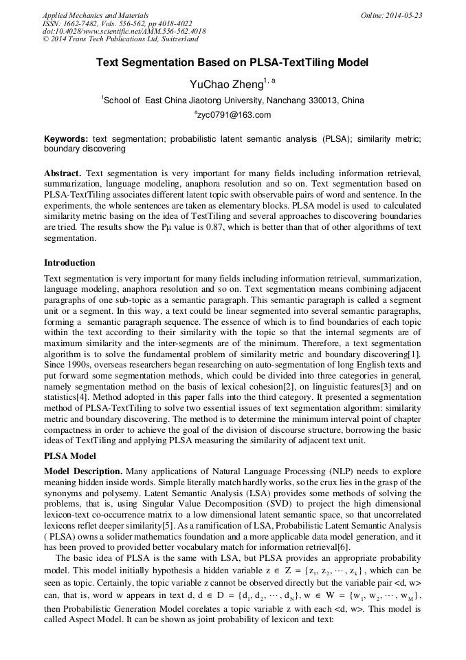 Text Segmentation Based on PLSA-TextTiling Model | Scientific.Net