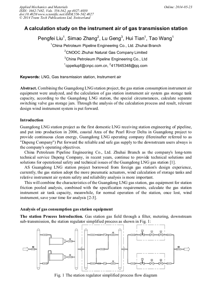 A Calculation Study on the Instrument Air of Gas Transmission Station ...