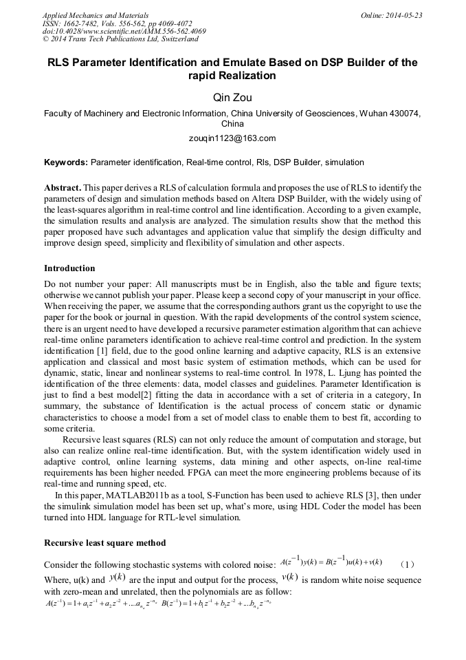 RLS Parameter Identification and Emulate Based on DSP Builder of the ...