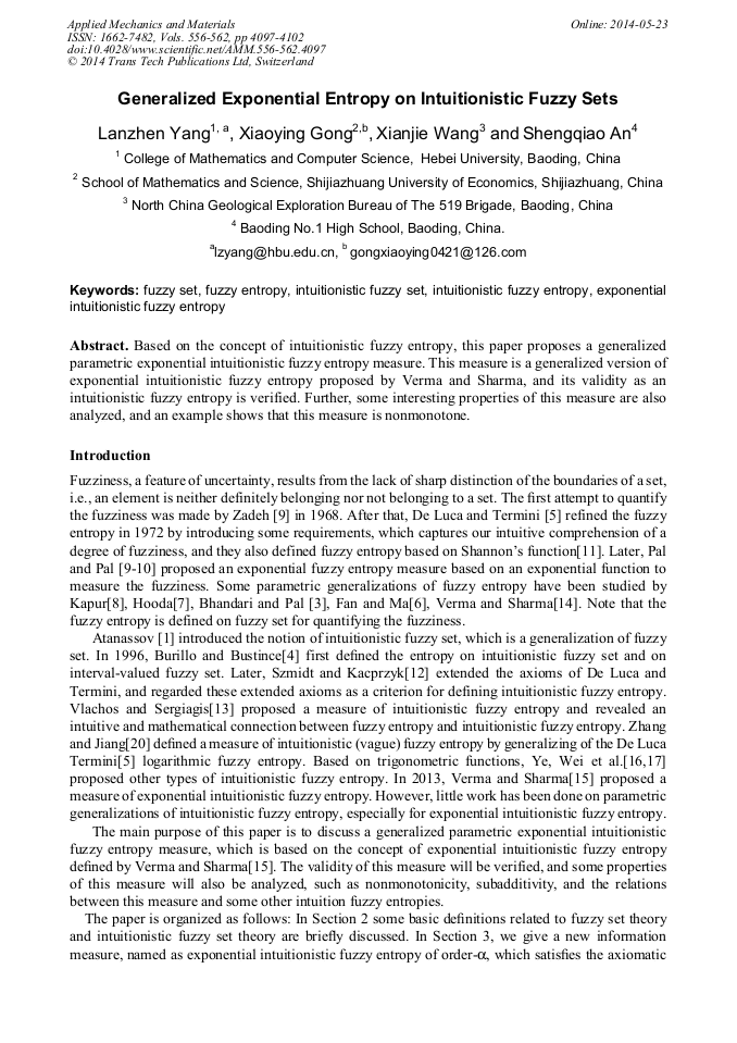 Generalized Exponential Entropy on Intuitionistic Fuzzy Sets | Scientific.Net