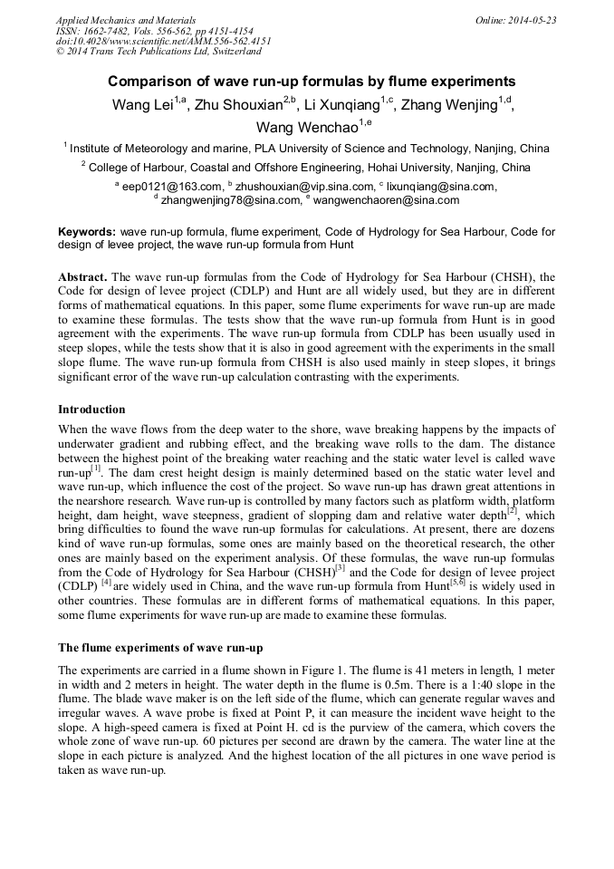 Comparison of Wave Run-Up Formulas by Flume Experiments | Scientific.Net