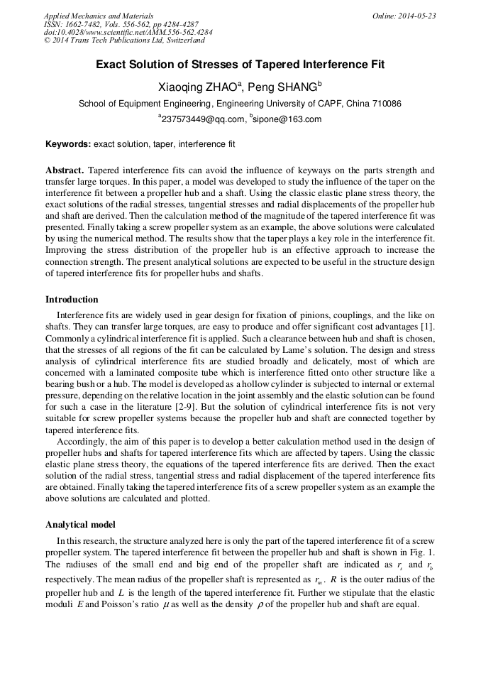Exact Solution of Stresses of Tapered Interference Fit | Scientific.Net