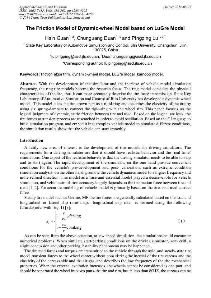 The Friction Model of Dynamic-Wheel Model Based on LuGre Model ...