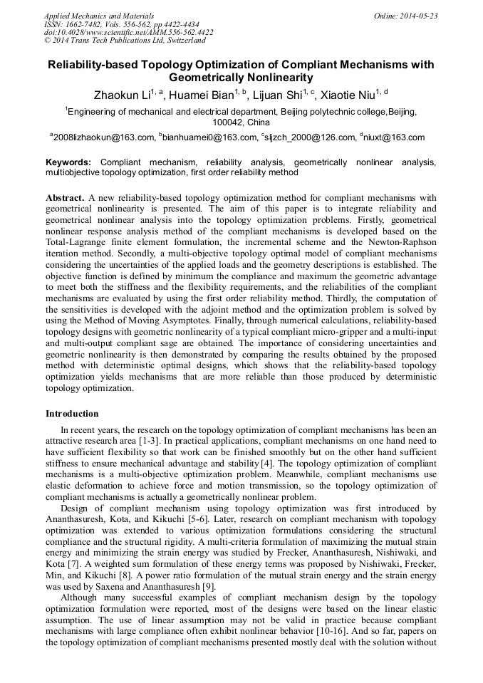 Reliability-Based Topology Optimization of Compliant Mechanisms with Geometrically Nonlinearity ...