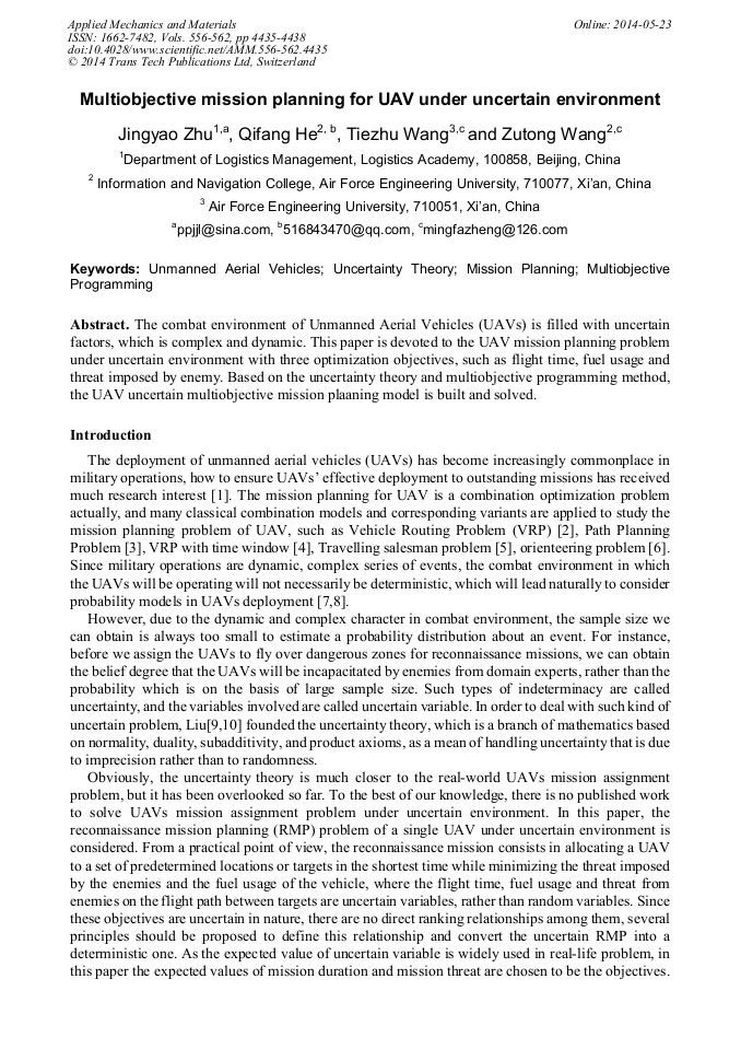 Multiobjective Mission Planning for UAV under Uncertain Environment | Scientific.Net