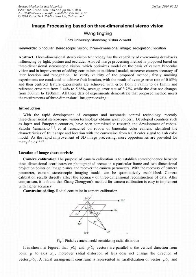 Image Processing Based on Three-Dimensional Stereo Vision | Scientific.Net