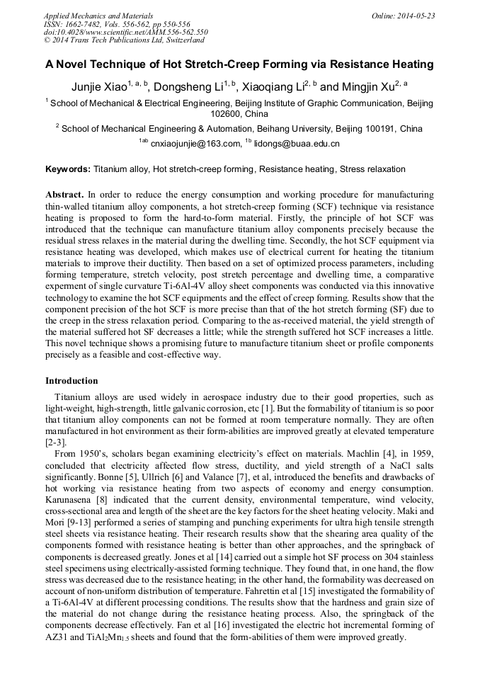 A Novel Technique of Hot Stretch-Creep Forming via Resistance Heating ...