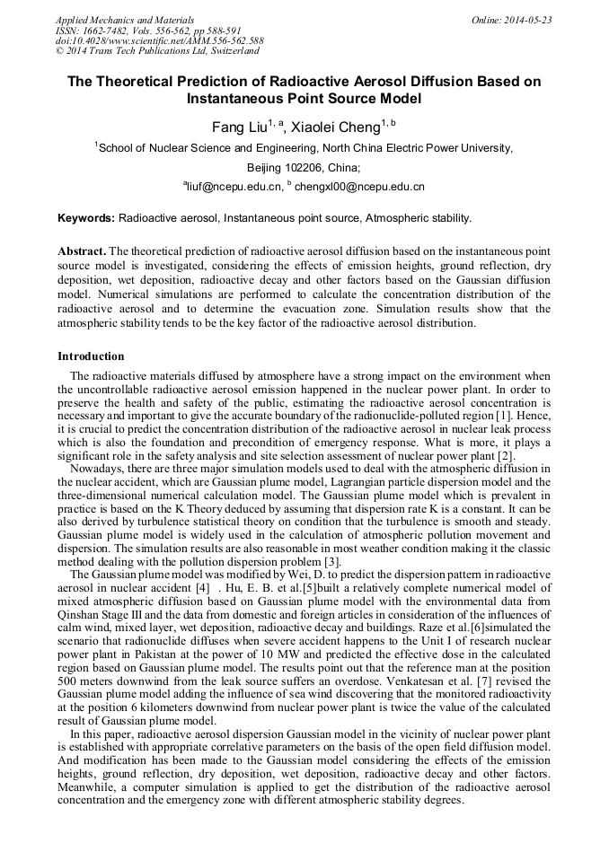 The Theoretical Prediction of Radioactive Aerosol Diffusion Based on ...