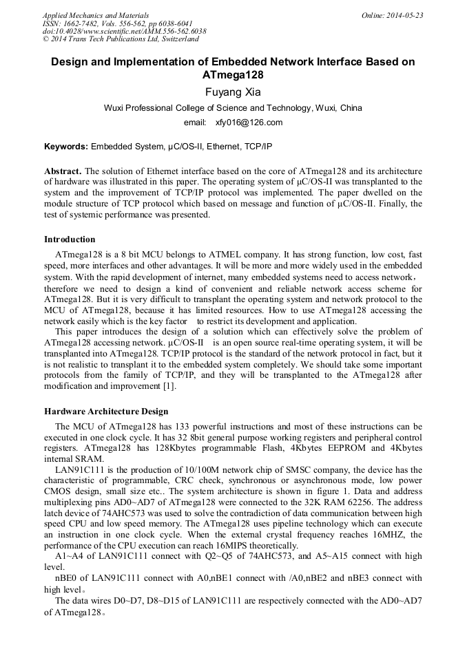 Design and Implementation of Embedded Network Interface Based on ATmega128 | Scientific.Net