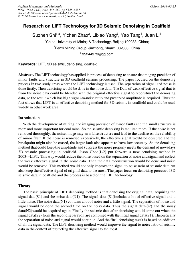 Research on LIFT Technology for 3D Seismic Denoising in Coalfield ...