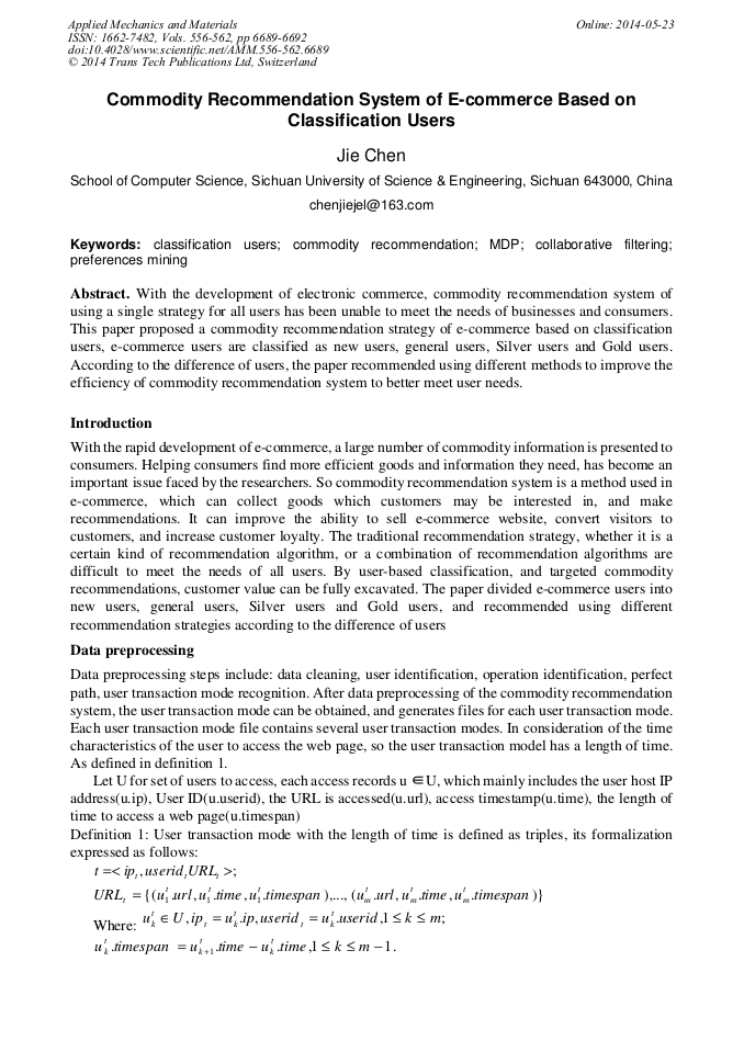 Commodity Recommendation System of E-Commerce Based on Classification Users | Scientific.Net