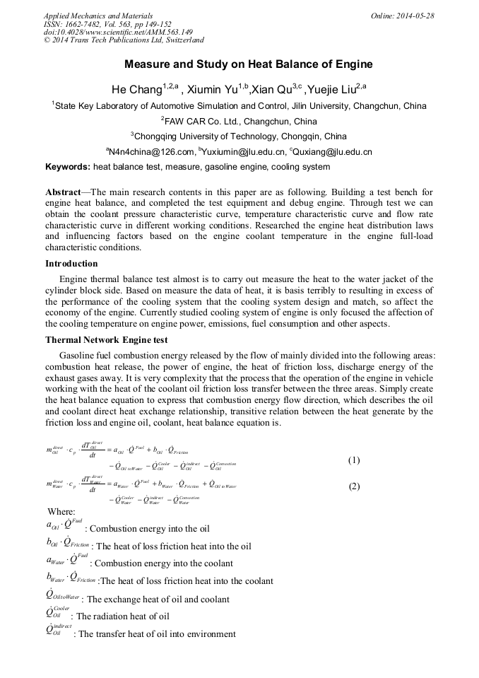 Measure and Study on Heat Balance of Engine | Scientific.Net