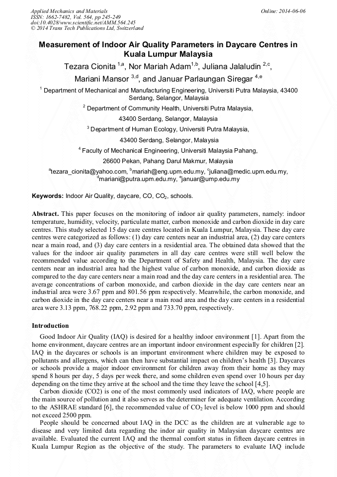 Measurement of Indoor Air Quality Parameters in Daycare Centres in ...