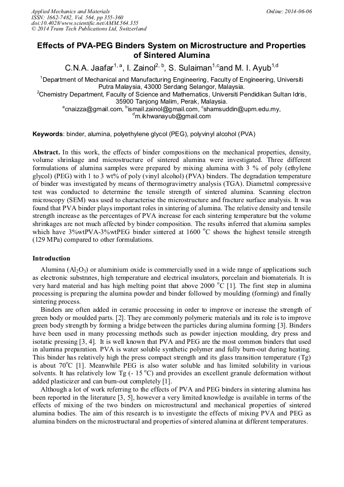Effects of PVA-PEG Binders System on Microstructure and Properties of ...