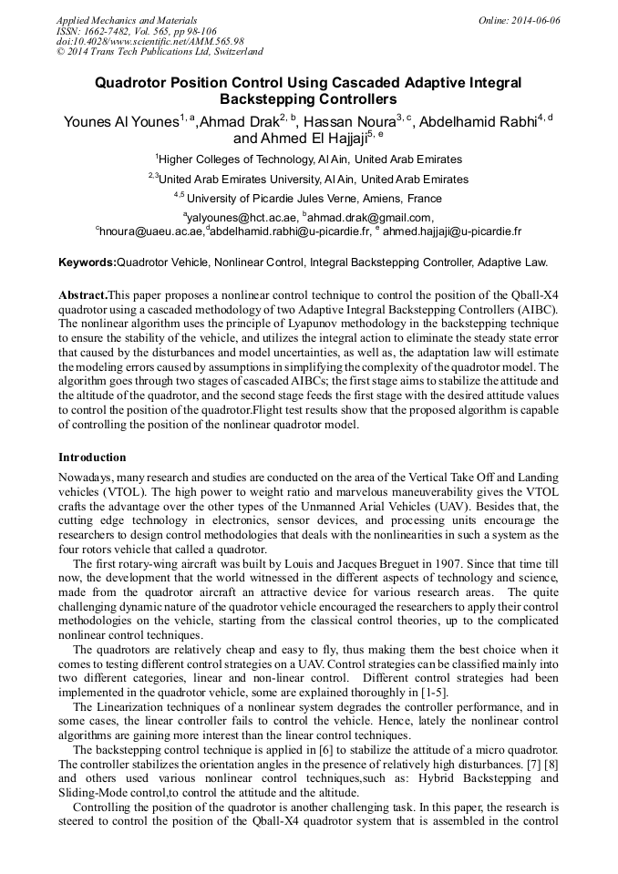 Quadrotor Position Control Using Cascaded Adaptive Integral Backstepping Controllers ...