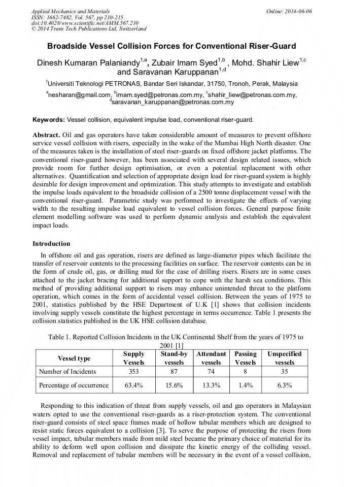 Broadside Vessel Collision Forces for Conventional Riser-Guard ...