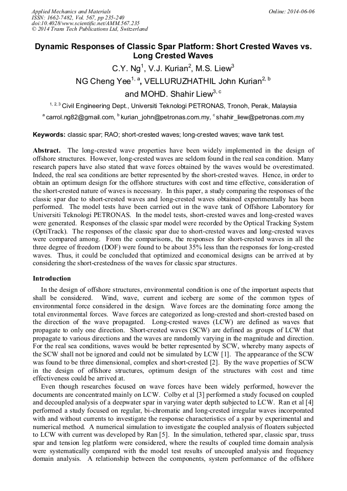 Dynamic Responses of Classic Spar Platform: Short Crested Waves vs ...