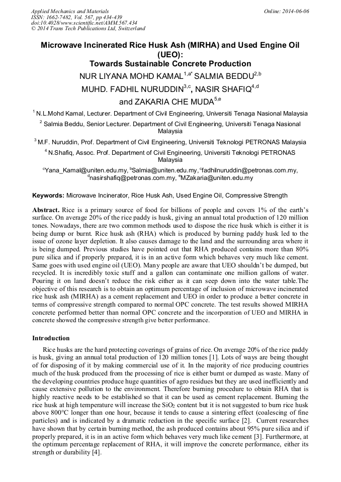 Microwave Incinerated Rice Husk Ash (MIRHA) and Used Engine Oil (UEO ...