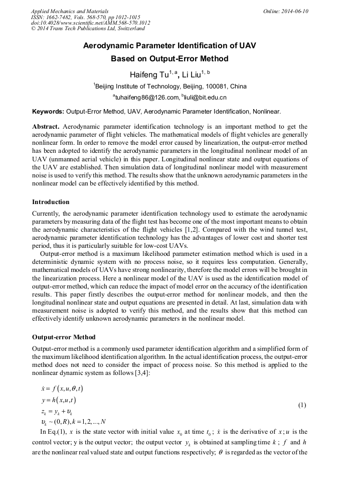 Aerodynamic Parameter Identification Of Uav Based On Output Error