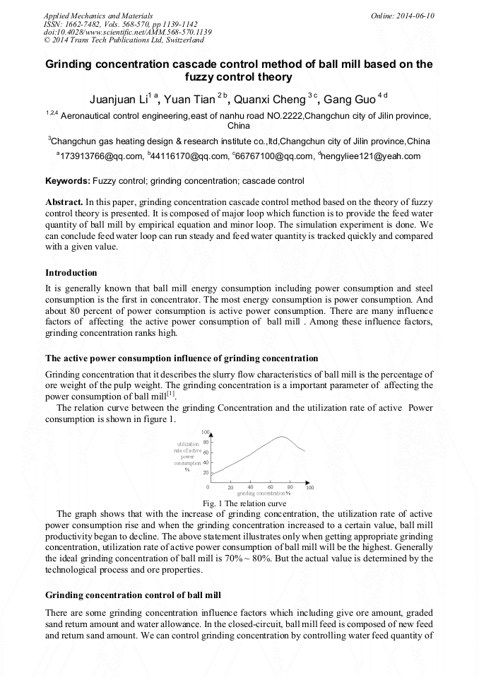 Grinding Concentration Cascade Control Method of Ball Mill Based on the ...