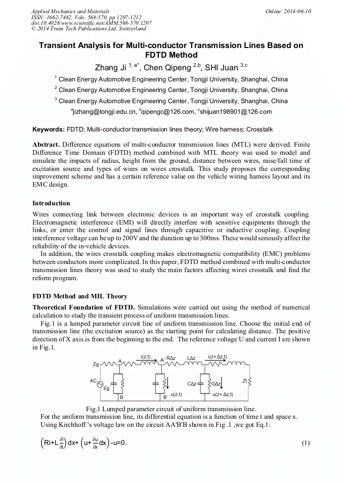 Transient Analysis for Multi-Conductor Transmission Lines Based on FDTD Method | Scientific.Net