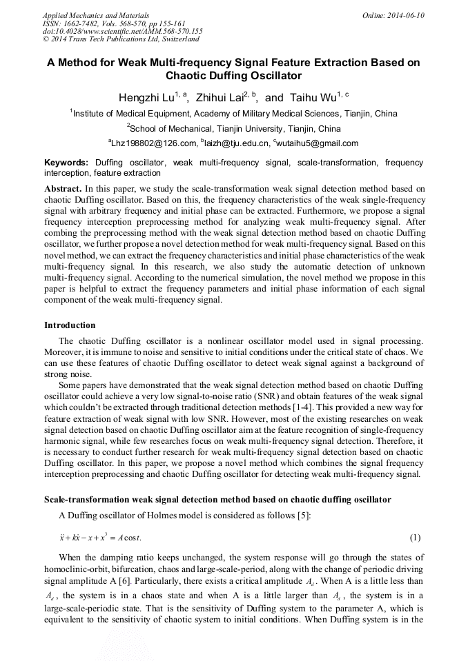A Method for Weak Multi-Frequency Signal Feature Extraction Based on Chaotic Duffing Oscillator ...
