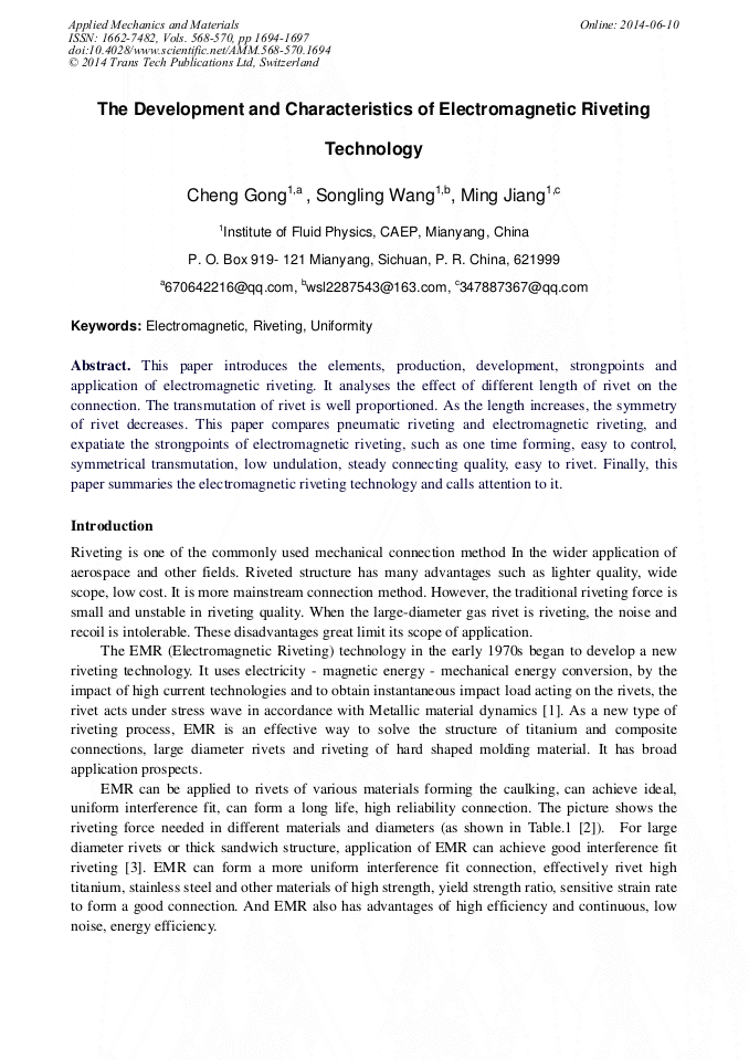 The Development and Characteristics of Electromagnetic Riveting ...
