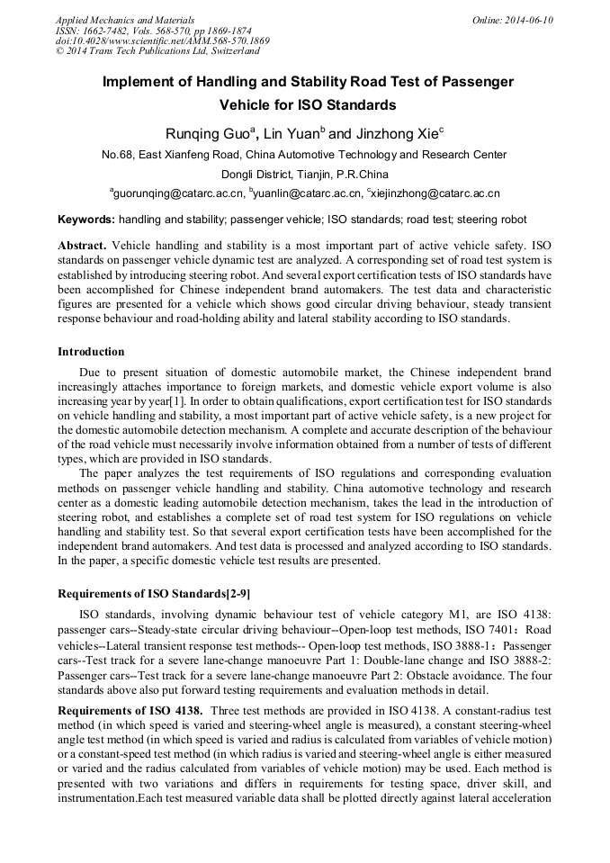 Implement of Handling and Stability Road Test of Passenger Vehicle for ...