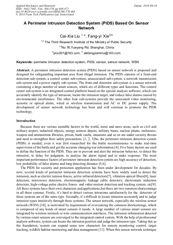A Perimeter Intrusion Detection System (PIDS) Based on Sensor Network ...