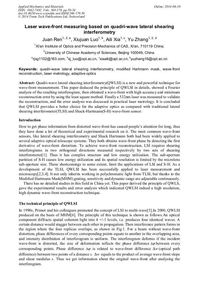 Laser Wave-Front Measuring Based on Quadri-Wave Lateral Shearing ...
