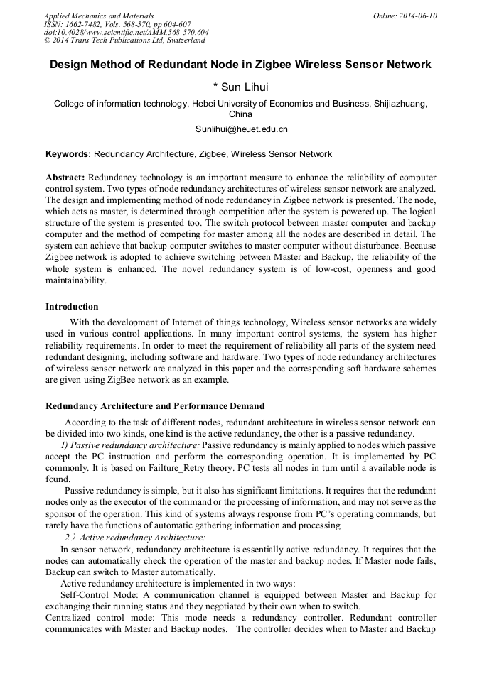 Design Method Of Redundant Node In Zigbee Wireless Sensor Network