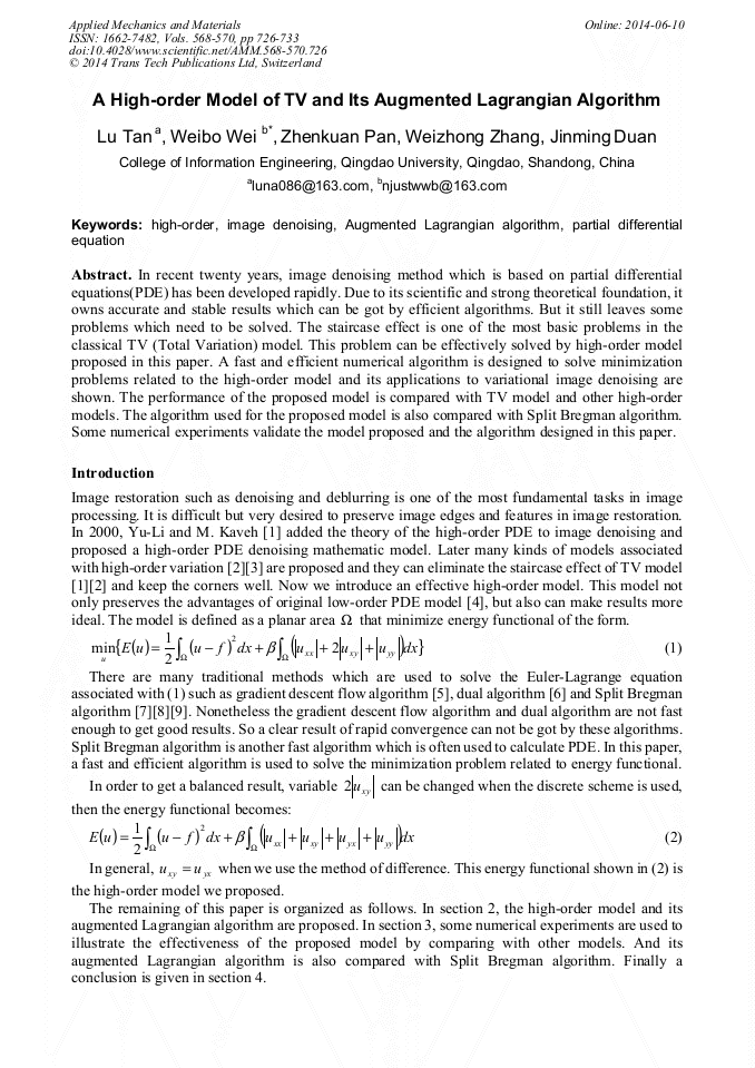 A High-Order Model of TV and its Augmented Lagrangian Algorithm | Scientific.Net